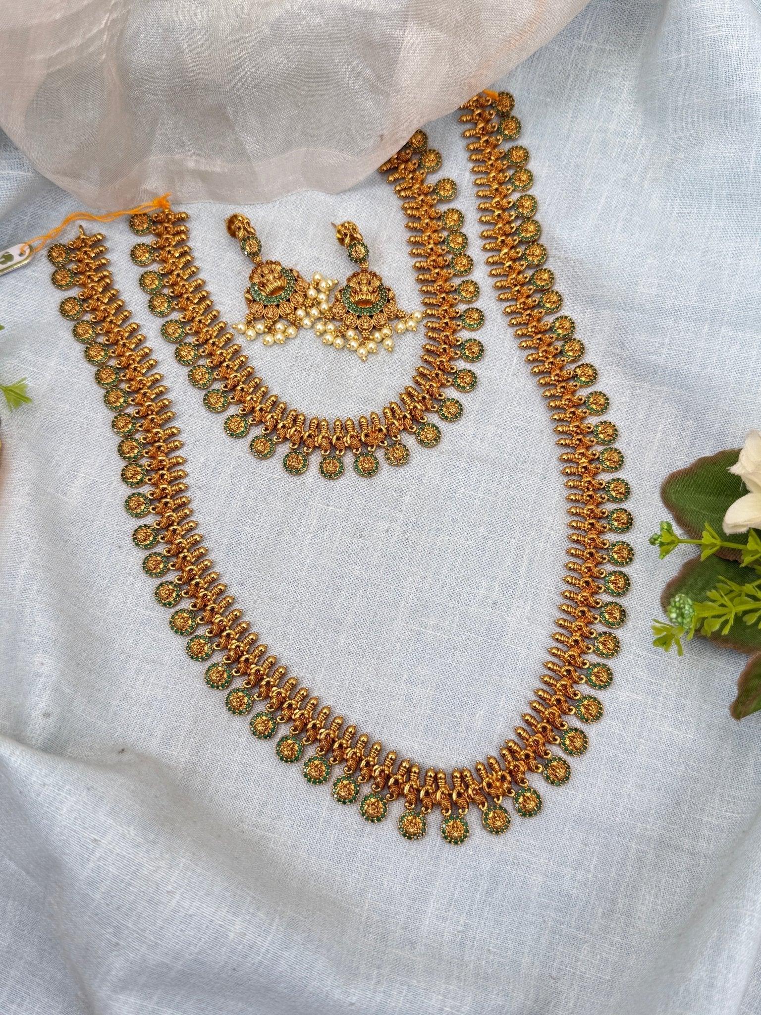 Royal Antique Green Stone Kaasu Full Necklace Set 0272 - Mahilas